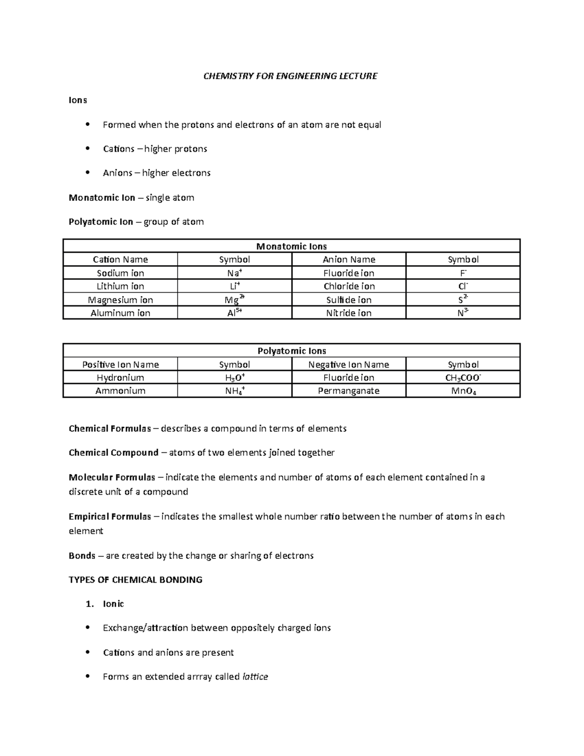 Ions - Chem Lec Notes - Ions - Chem Lec - CHEMISTRY FOR ENGINEERING ...