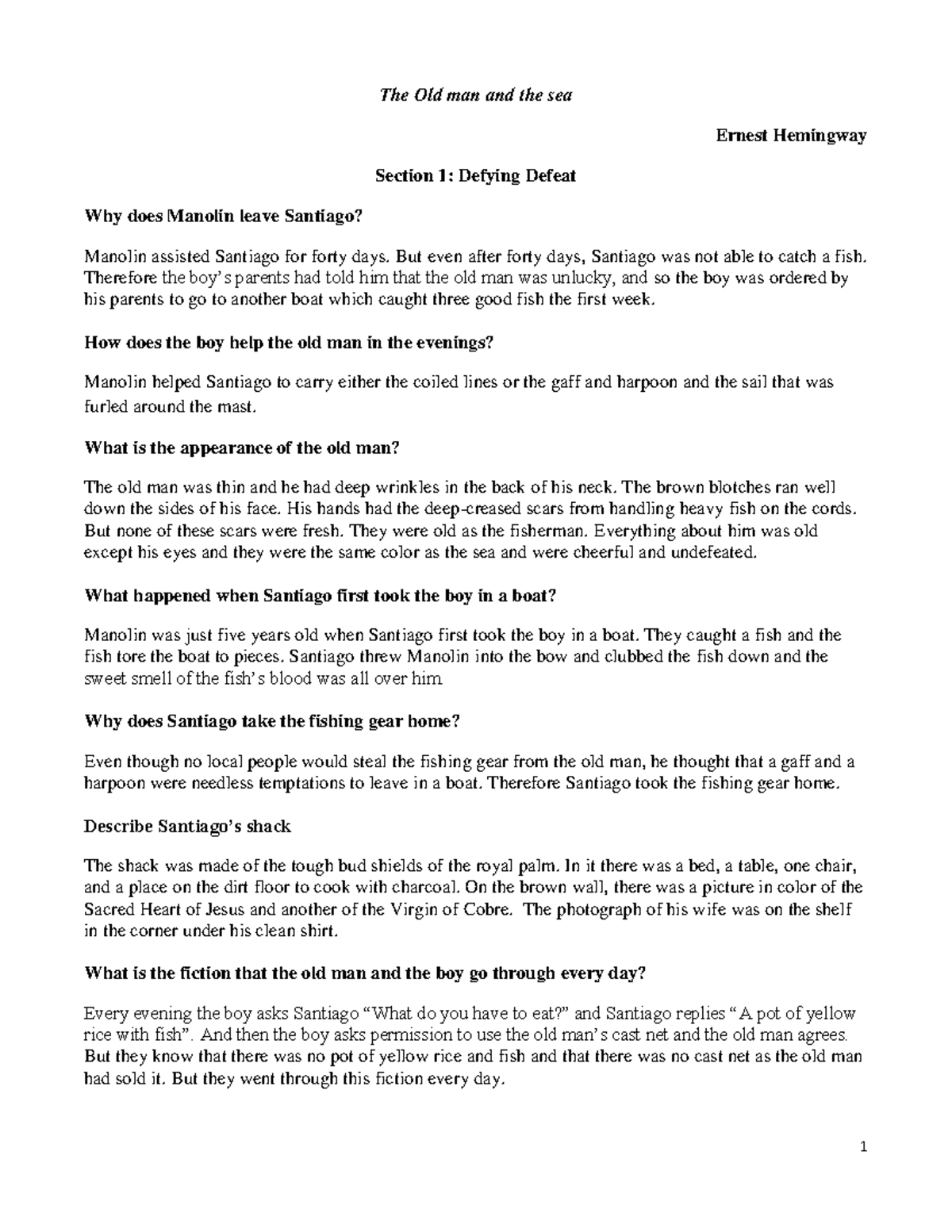 The Oldman and the sea notes - The Old man and the sea Ernest Hemingway ...