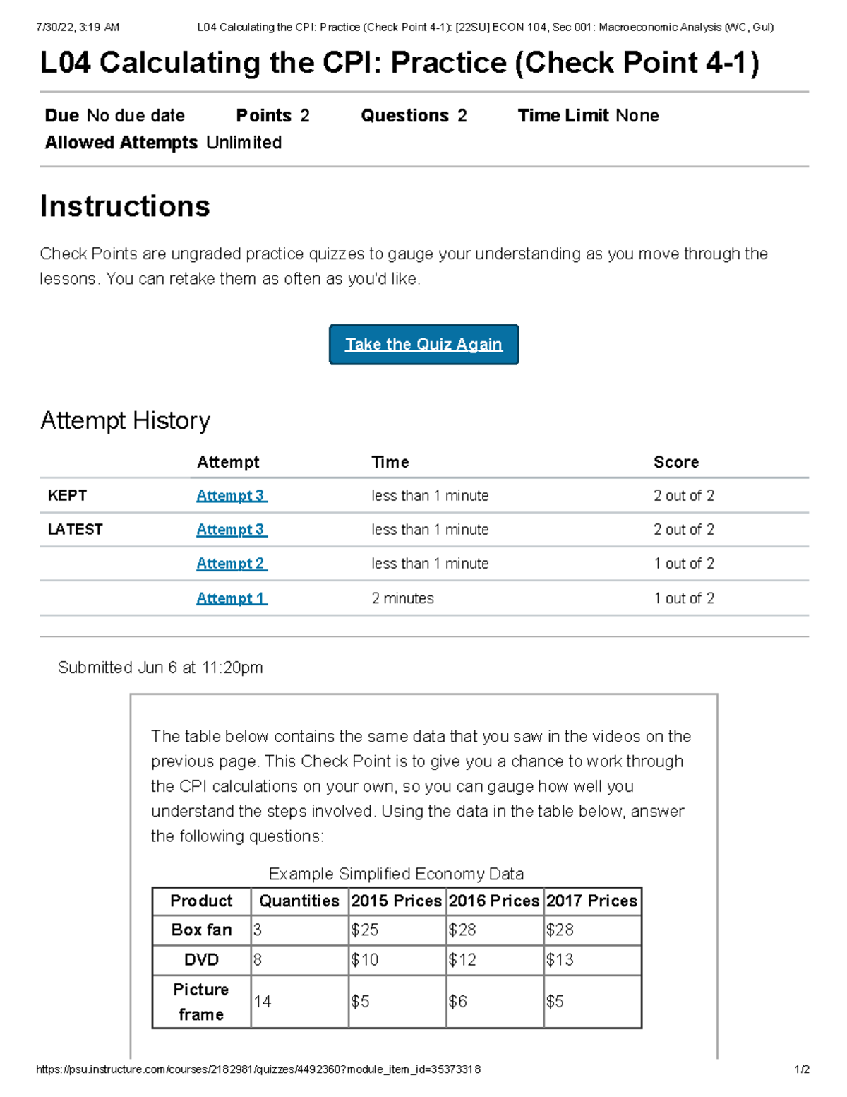 L04 Calculating the CPI Practice (Check Point 4-1) [22SU] ECON 104, Sec ...