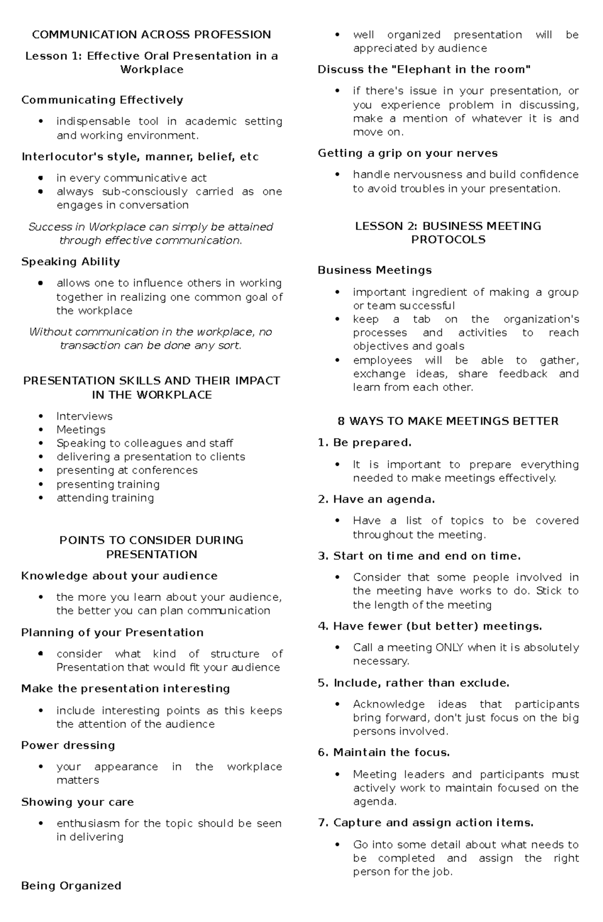 Purcom finals reviewer - COMMUNICATION ACROSS PROFESSION Lesson 1: Effective Oral Presentation ...