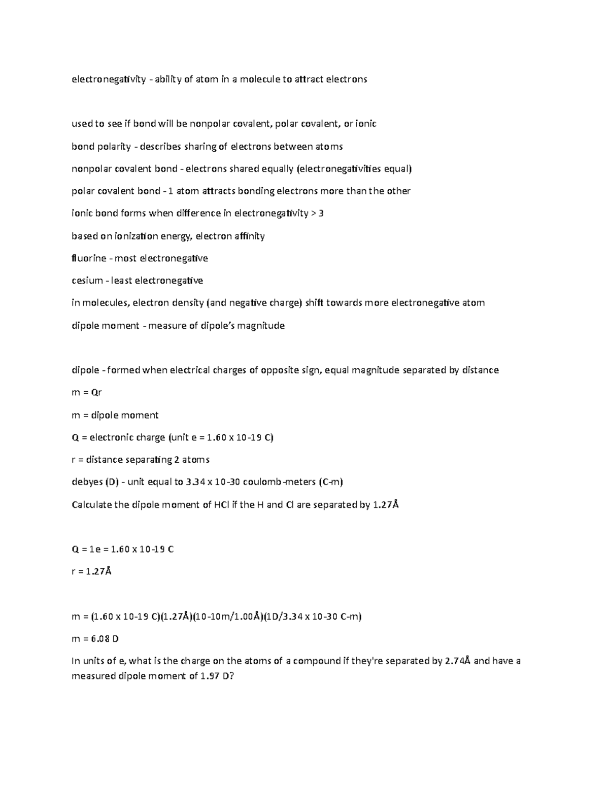 Electronegativity - Lecture notes 3 - electronegativity - ability of ...