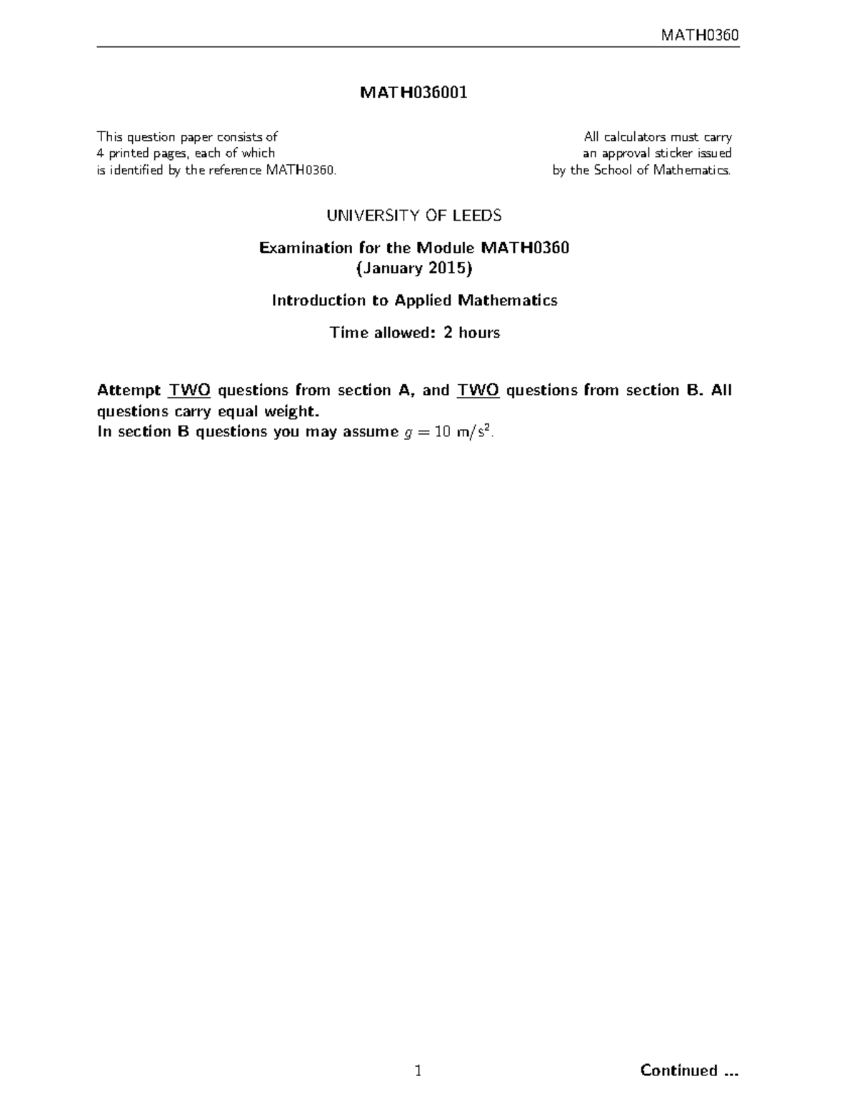 Exam January 2015 Questions Math0360 Math036001 This Question Paper Consists Of 4 Printed