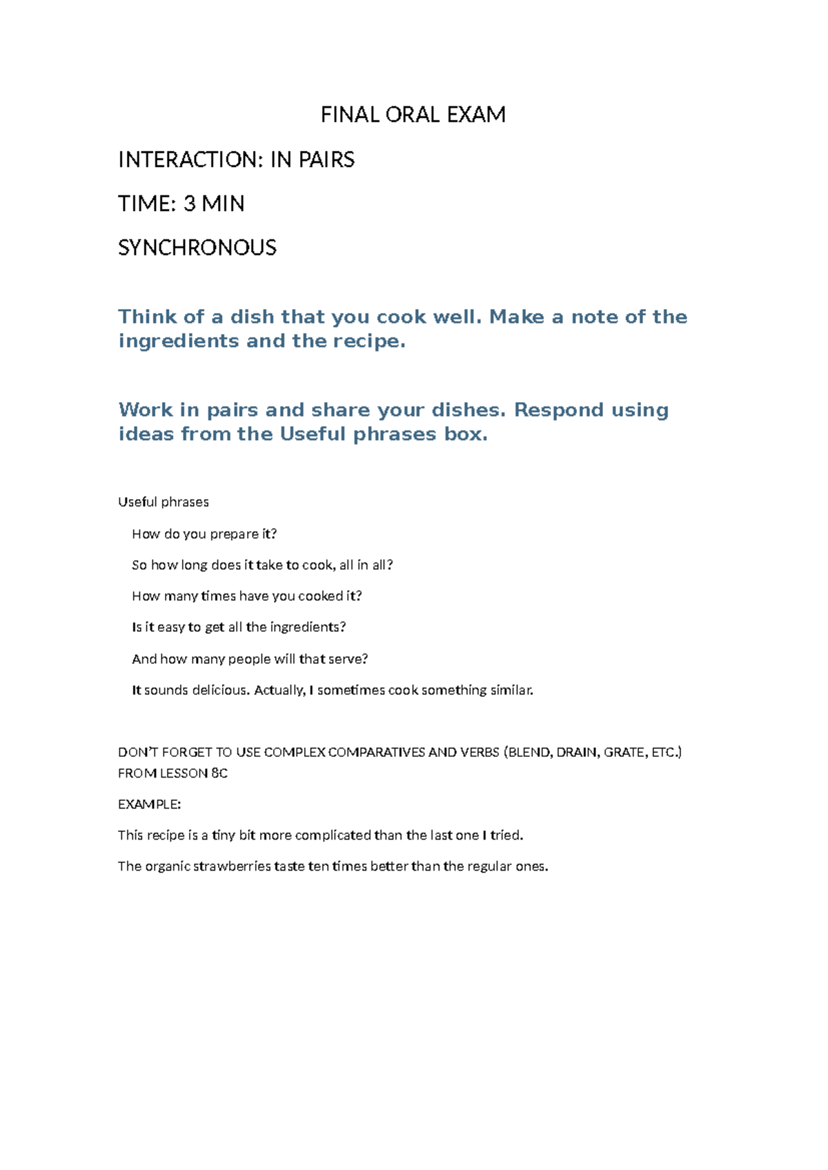 Final ORAL EXAM Advanced 4 - FINAL ORAL EXAM INTERACTION: IN PAIRS TIME ...