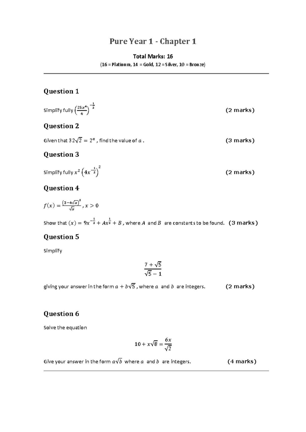 Chapter 1 topic test - Tests - Pure Year 1 - Chapter 1 Total Marks: 16 ...