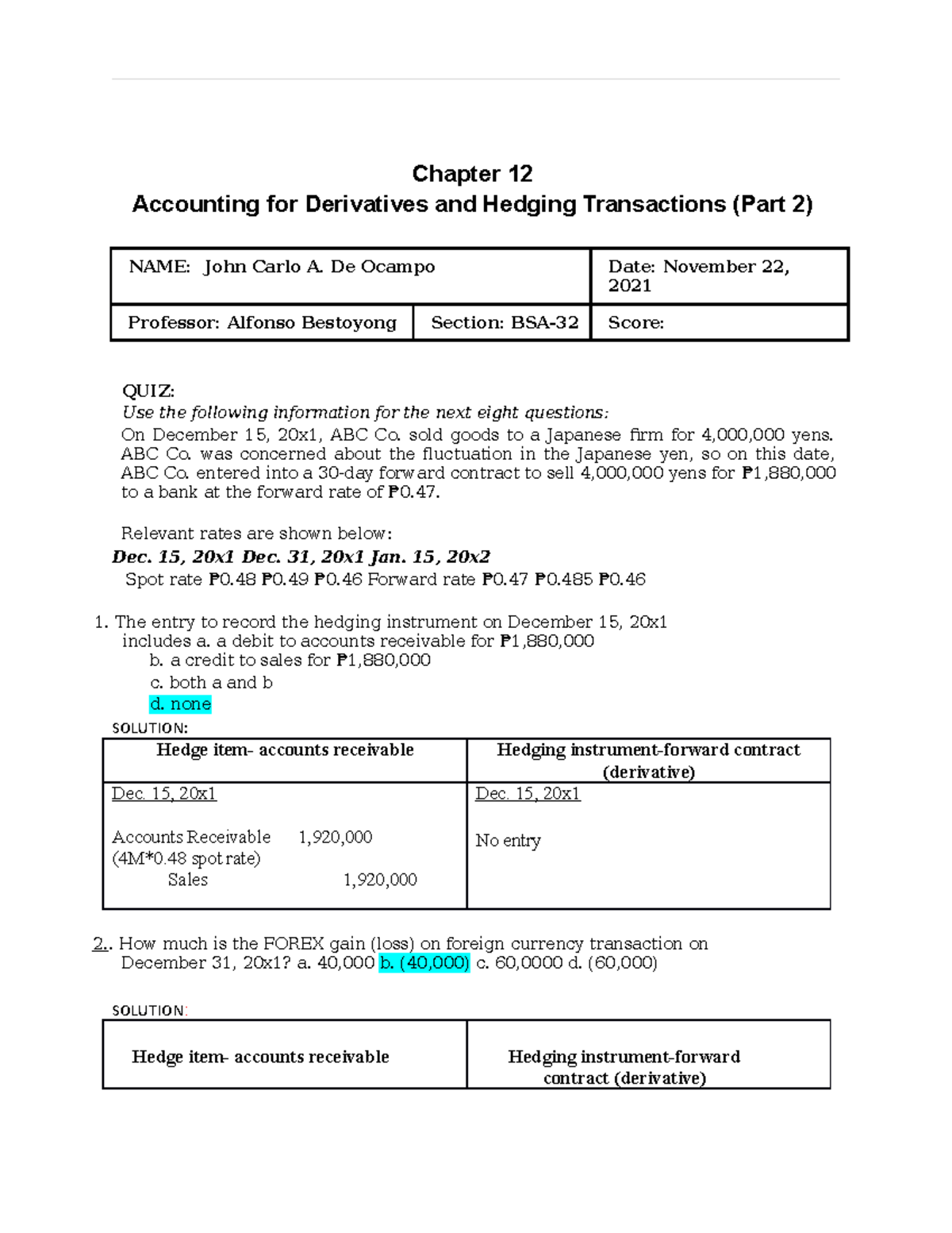 (QUIZ- Derivatives 2) - Chapter 12 Accounting for Derivatives and Hedging Transactions (Part 2 ...