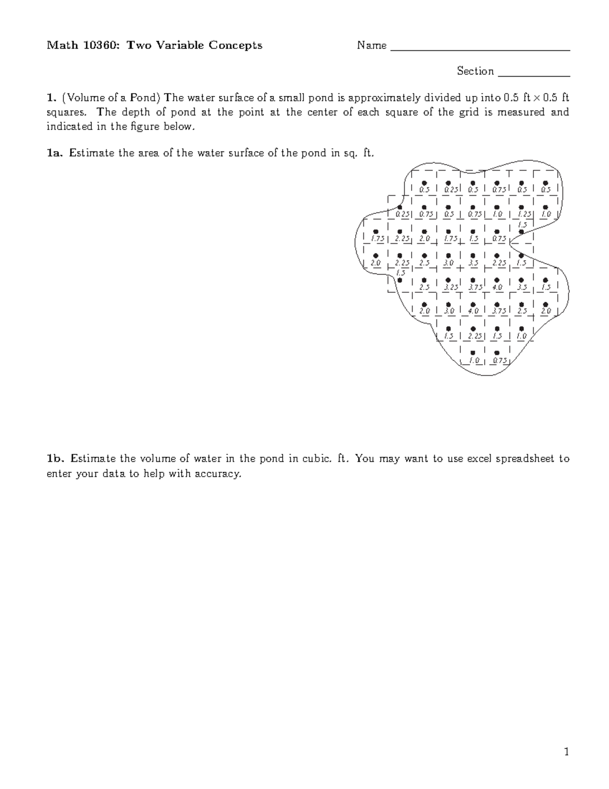 10360 pond - tutorial worksheet on pond - Math 10360: Two Variable ...