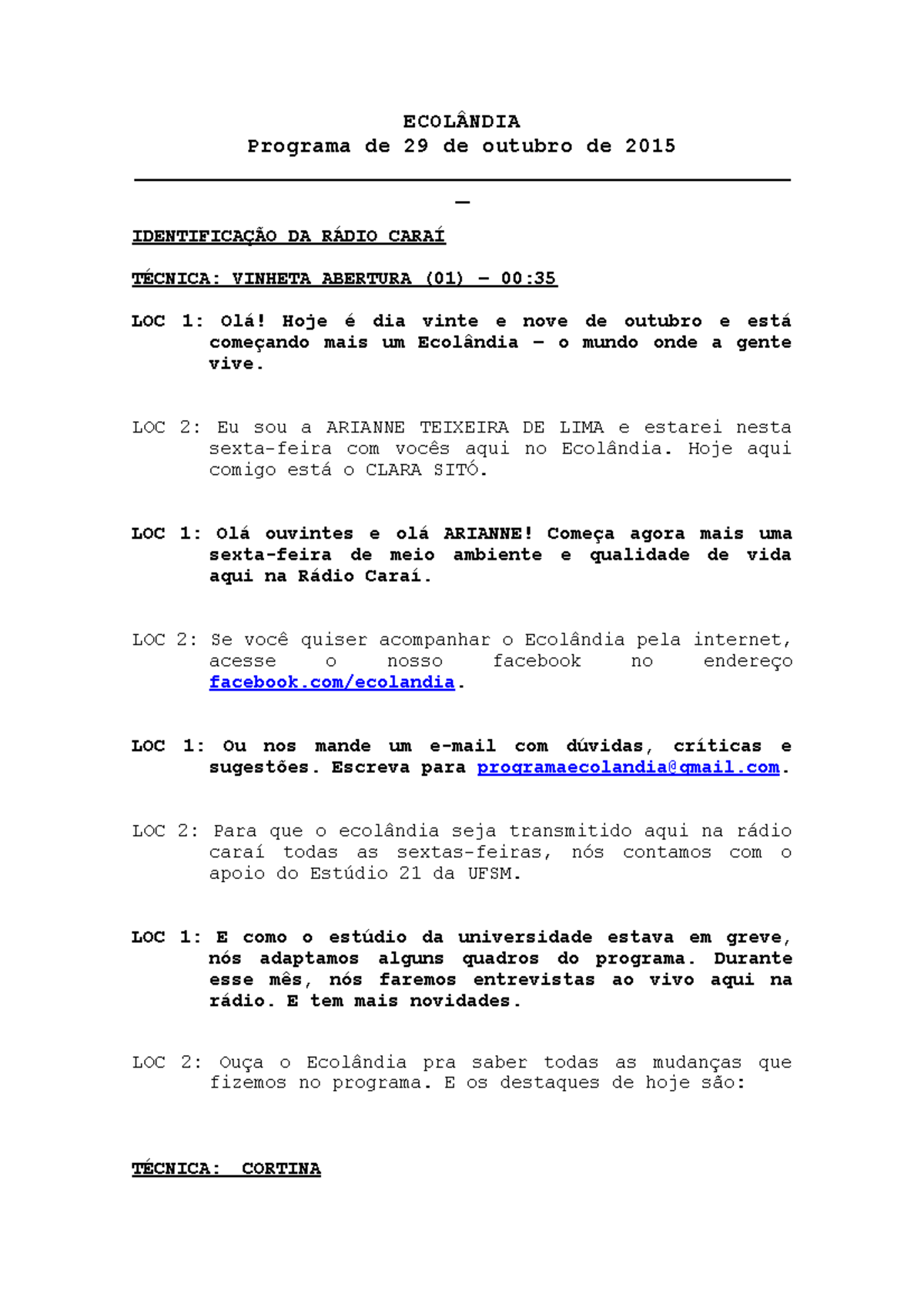 Script Eco 29 - Exemplo de roteiro radiofônico - ECOLÂNDIA Programa de ...