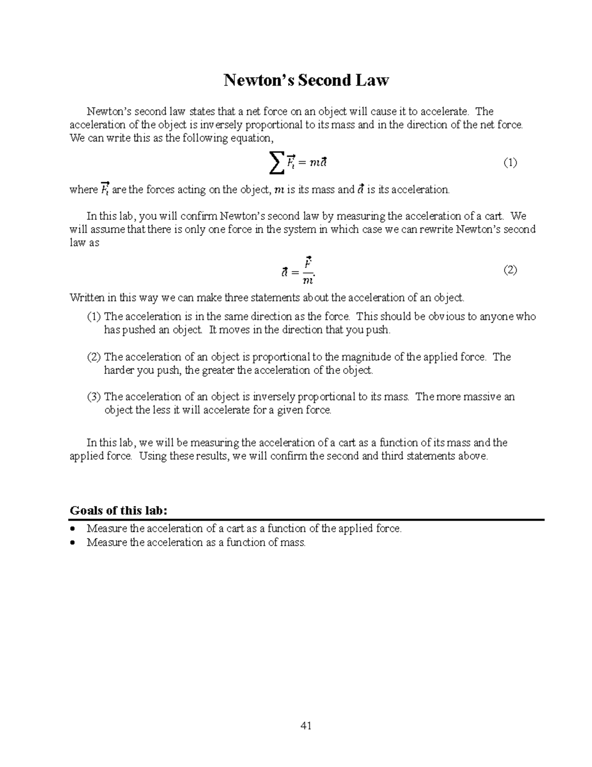 Lab 4 Newton's second law - Newton’s second law states that a net force ...
