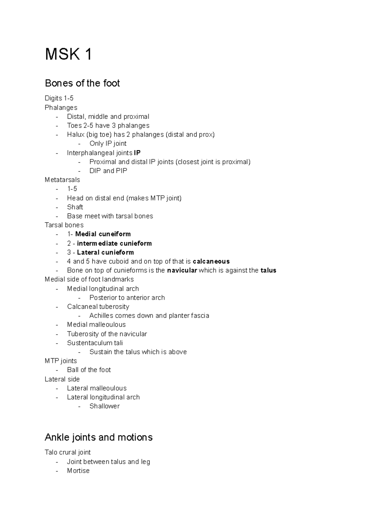 MSK week 1 notes - MSK 1 Bones of the foot Digits 1- Phalanges - Distal ...