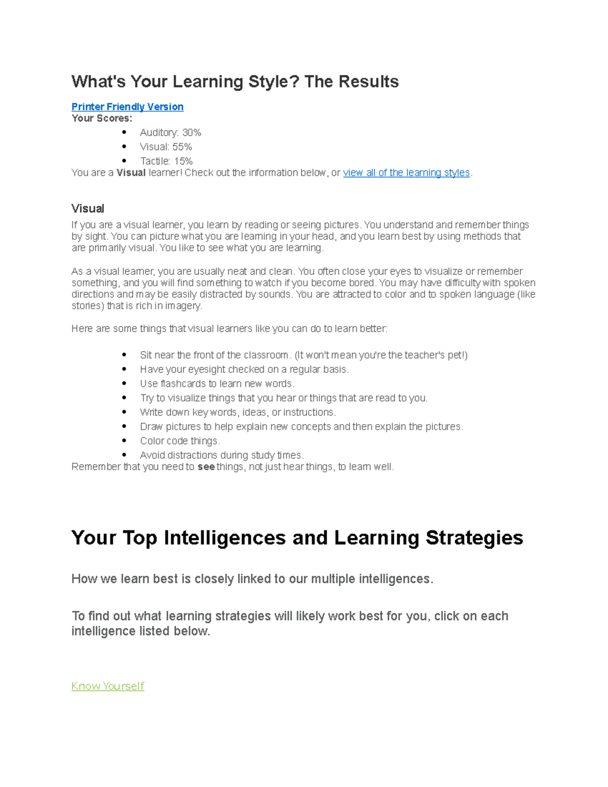 My Learning Style - What's Your Learning Style? The Results Printer ...