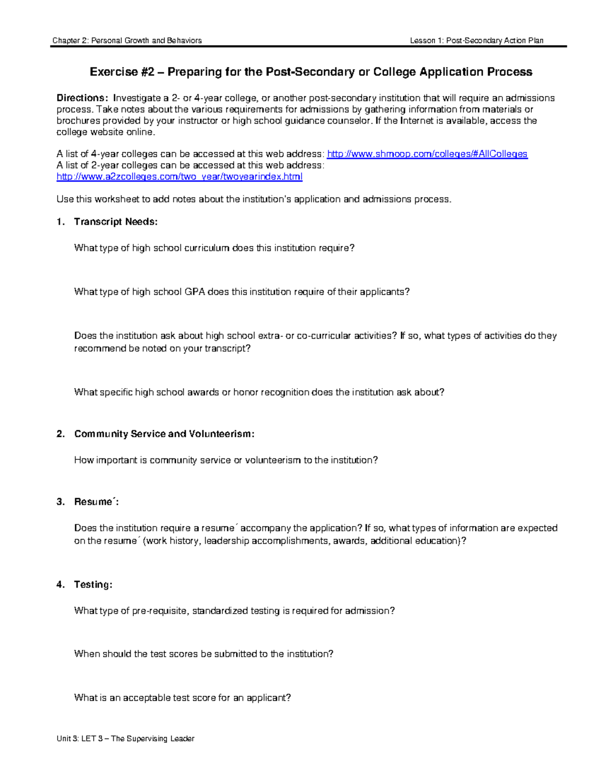 U3C2L1A3 Exercise 2 Preparing for the Post secondary or College ...