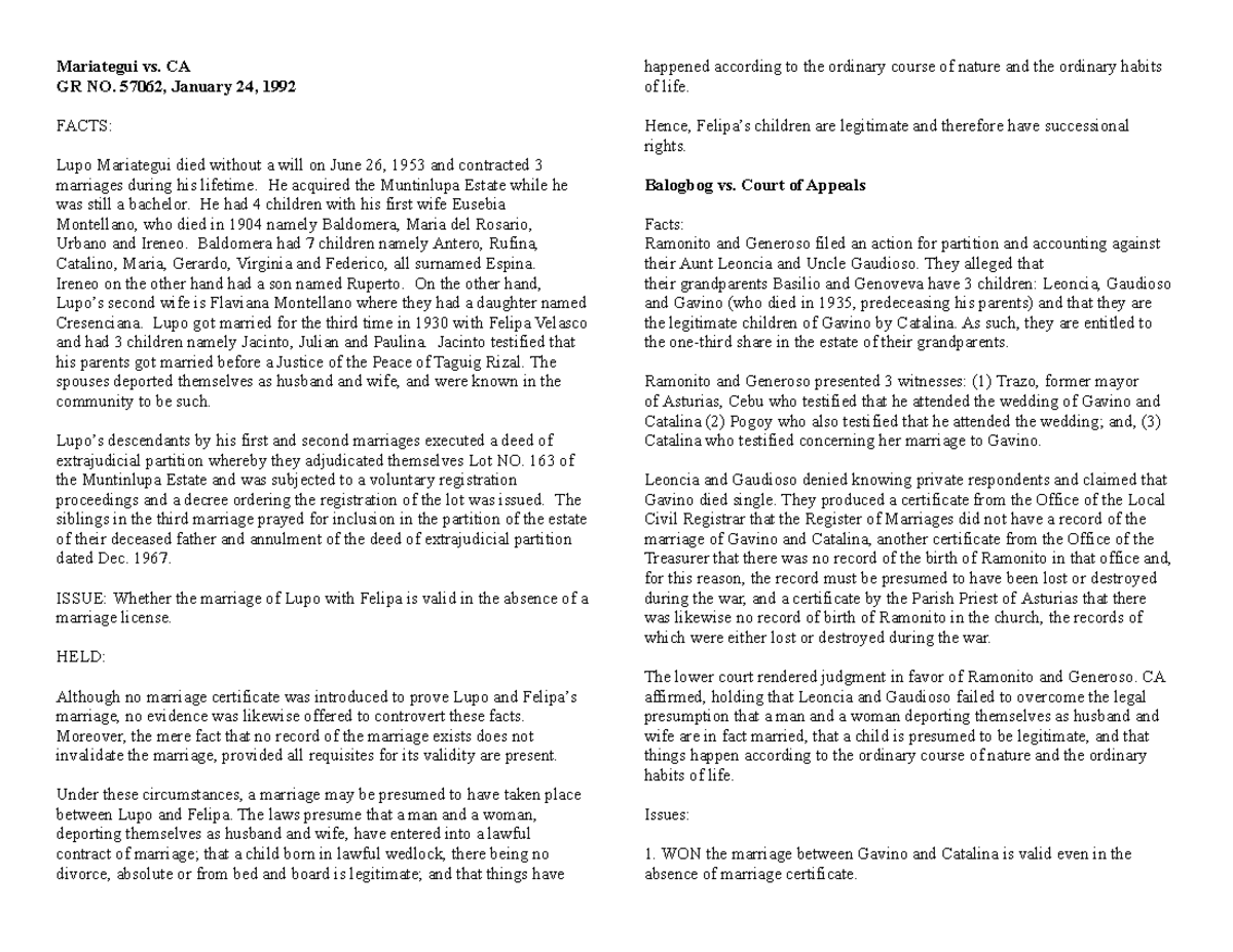 Civil Review 1 Digested Cases Compilation - Mariategui vs. CA GR NO ...