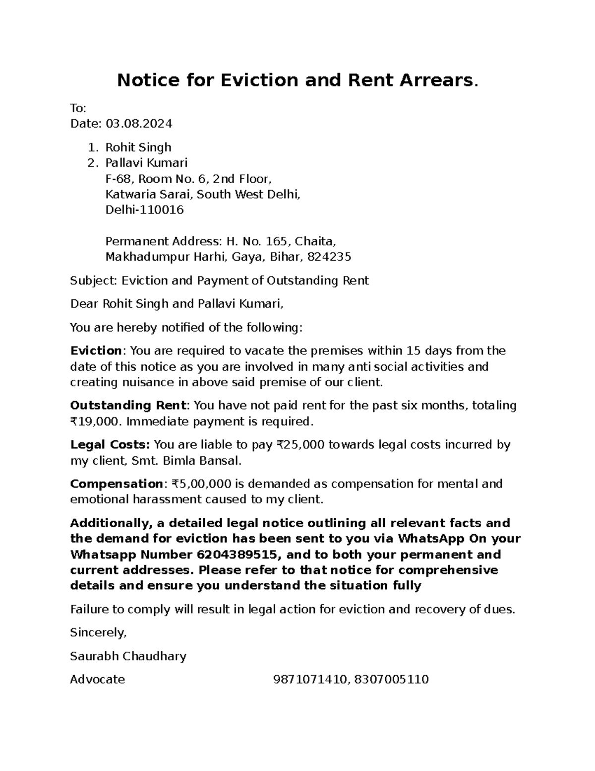 Eviction Notice - Notice for Eviction and Rent Arrears. To: Date: 03. 1 ...