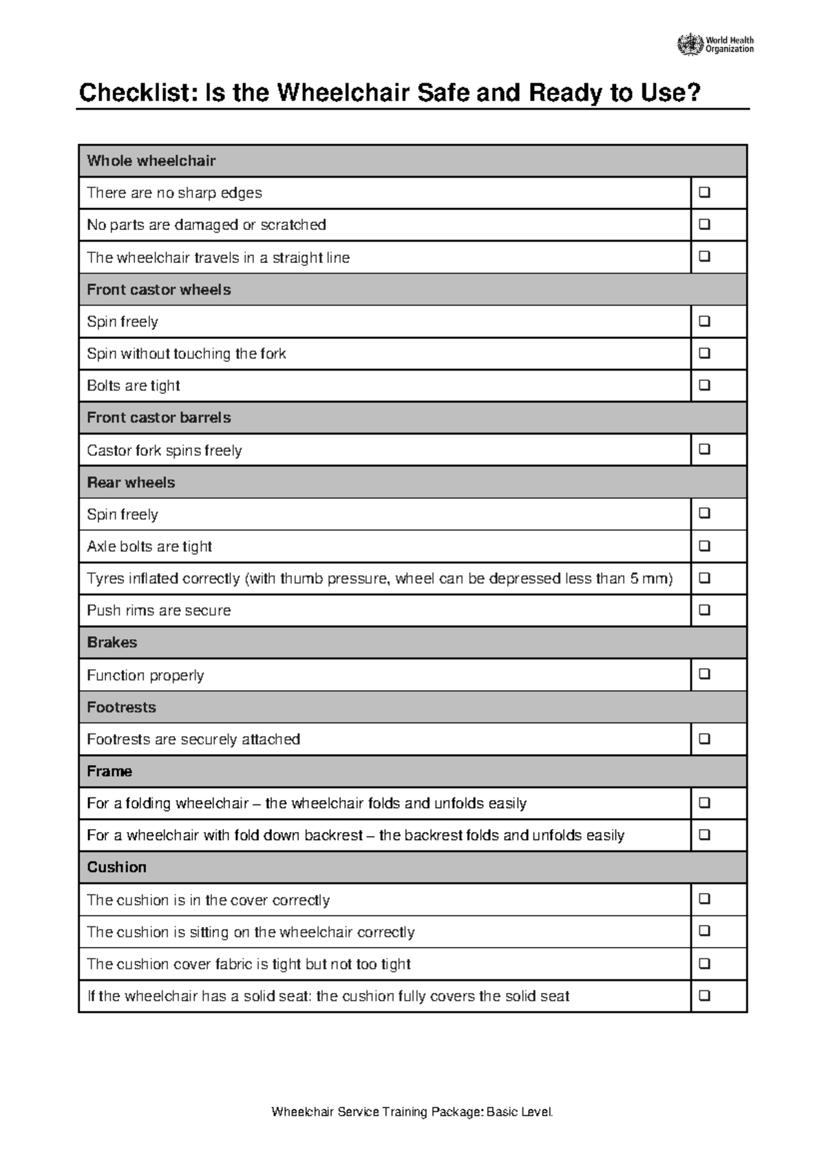 Wheelchair checklist - Checklist: Is the Wheelchair Safe and Ready to ...