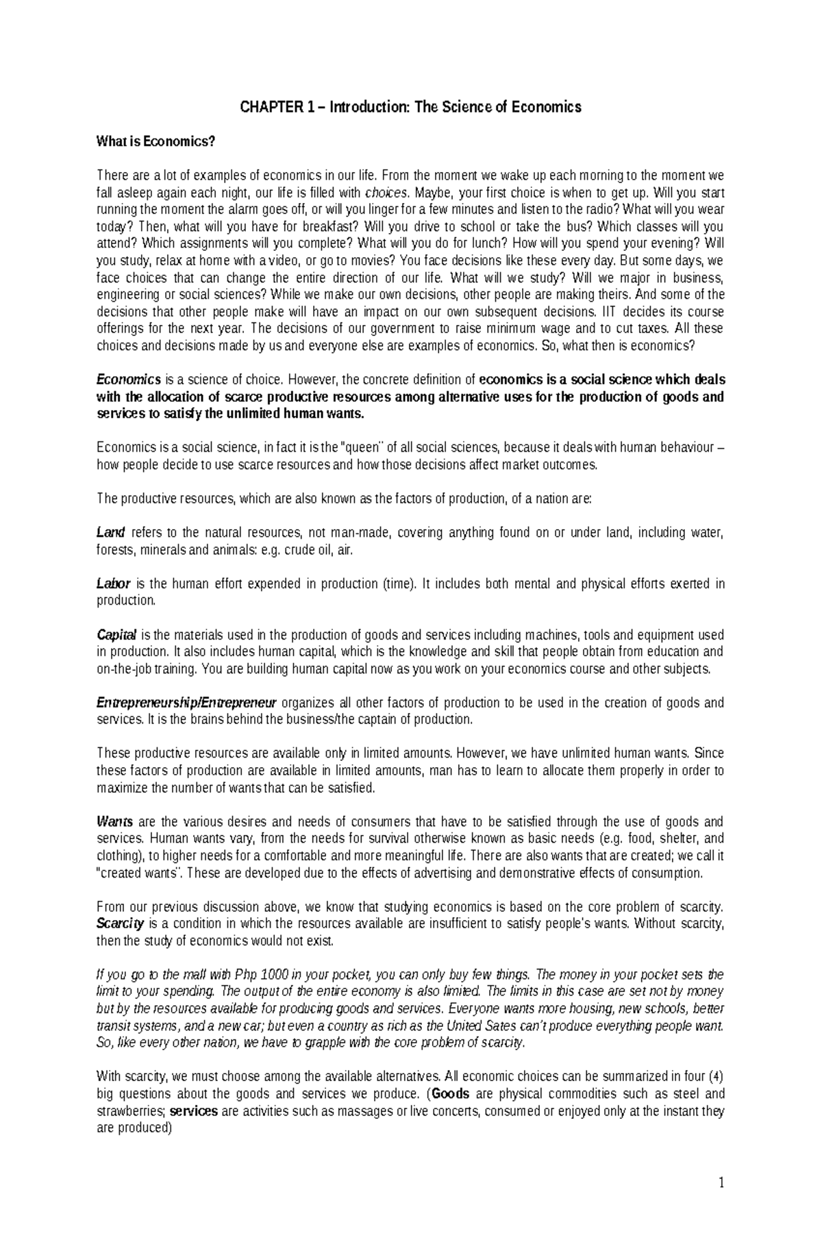 Economics - CHAPTER 1 – Introduction: The Science of Economics What is ...