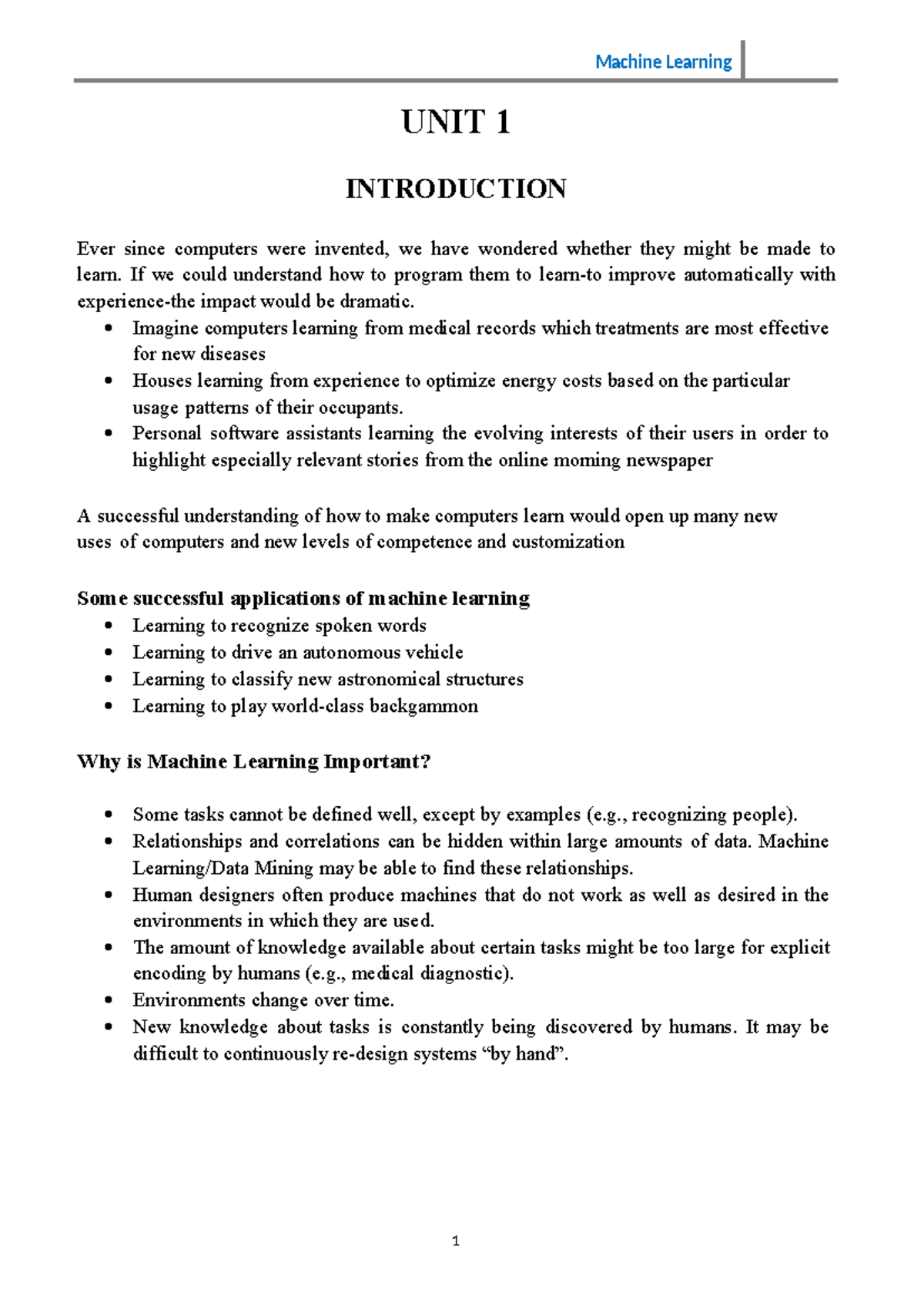 Ml1 Unit Wise Lecture Notes Unit 1 Introduction Ever Since Computers Were Invented We Have
