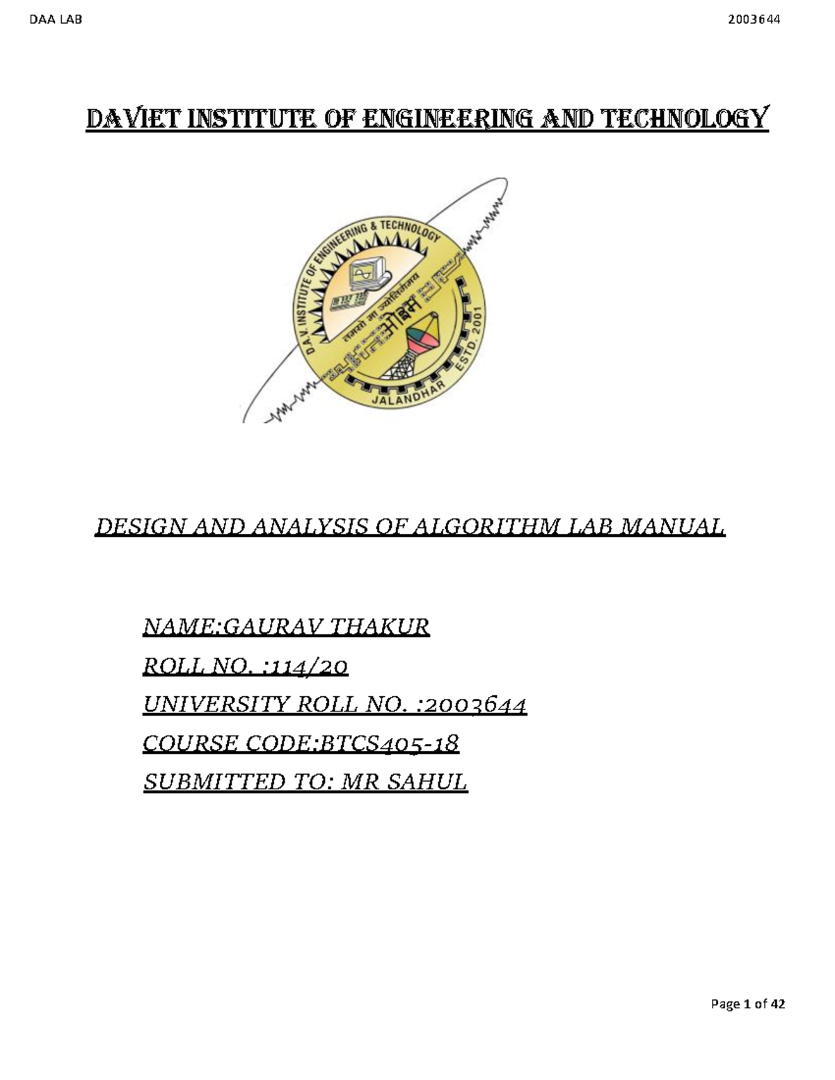 Gaurav DAA - DAA PRACTICAL - DAVIET INSTITUTE OF ENGINEERING AND TECHNOLOGY DESIGN AND ANALYSIS ...