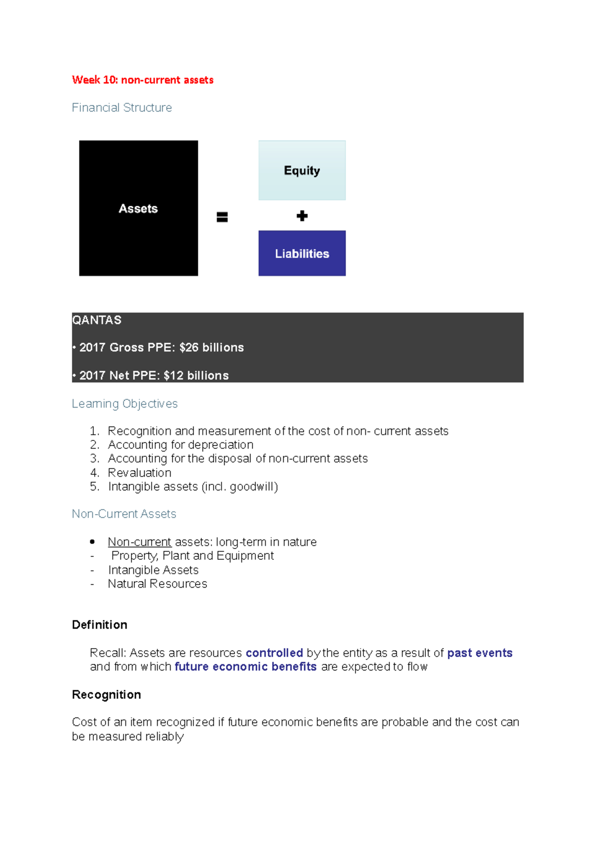 Week 10 busn notes - Week 10: non-current assets Financial Structure ...