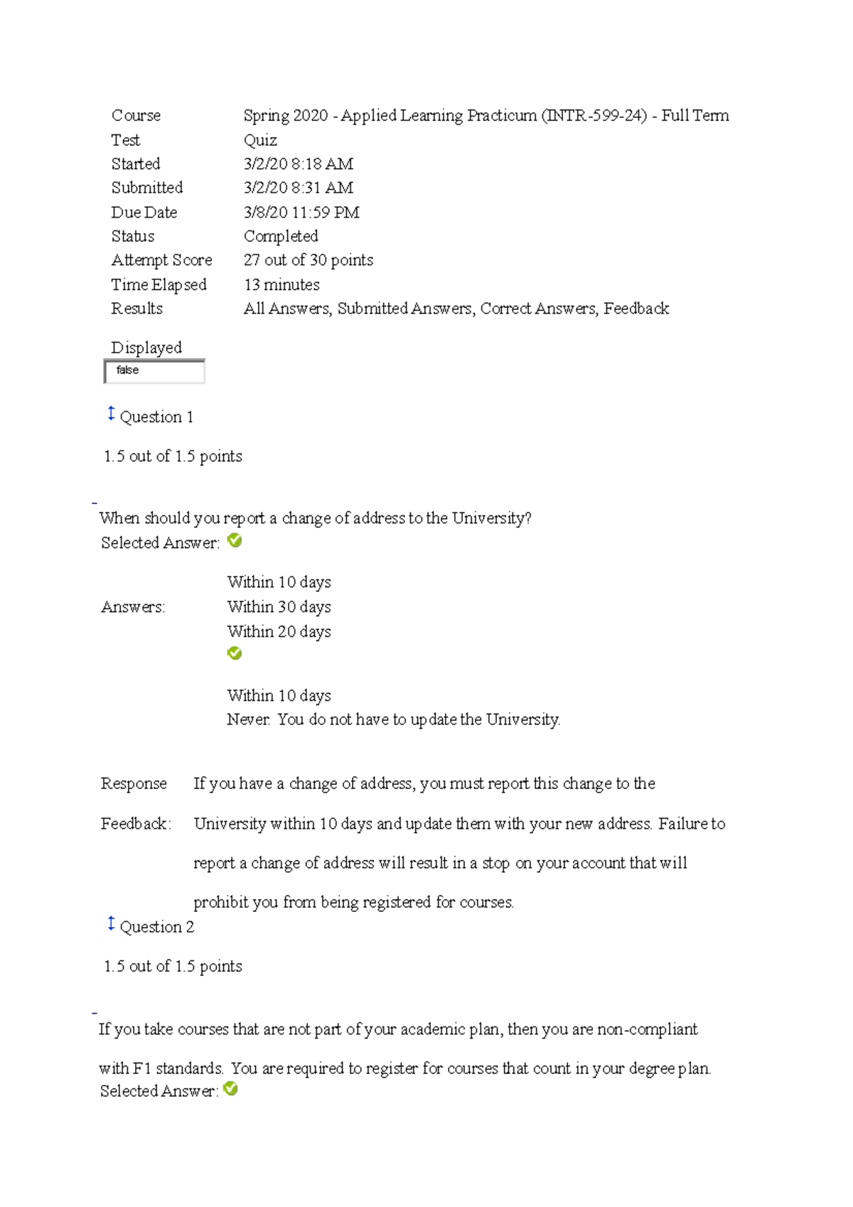 CPT Quiz 2 question & answers - Course Spring 2020 - Applied Learning ...