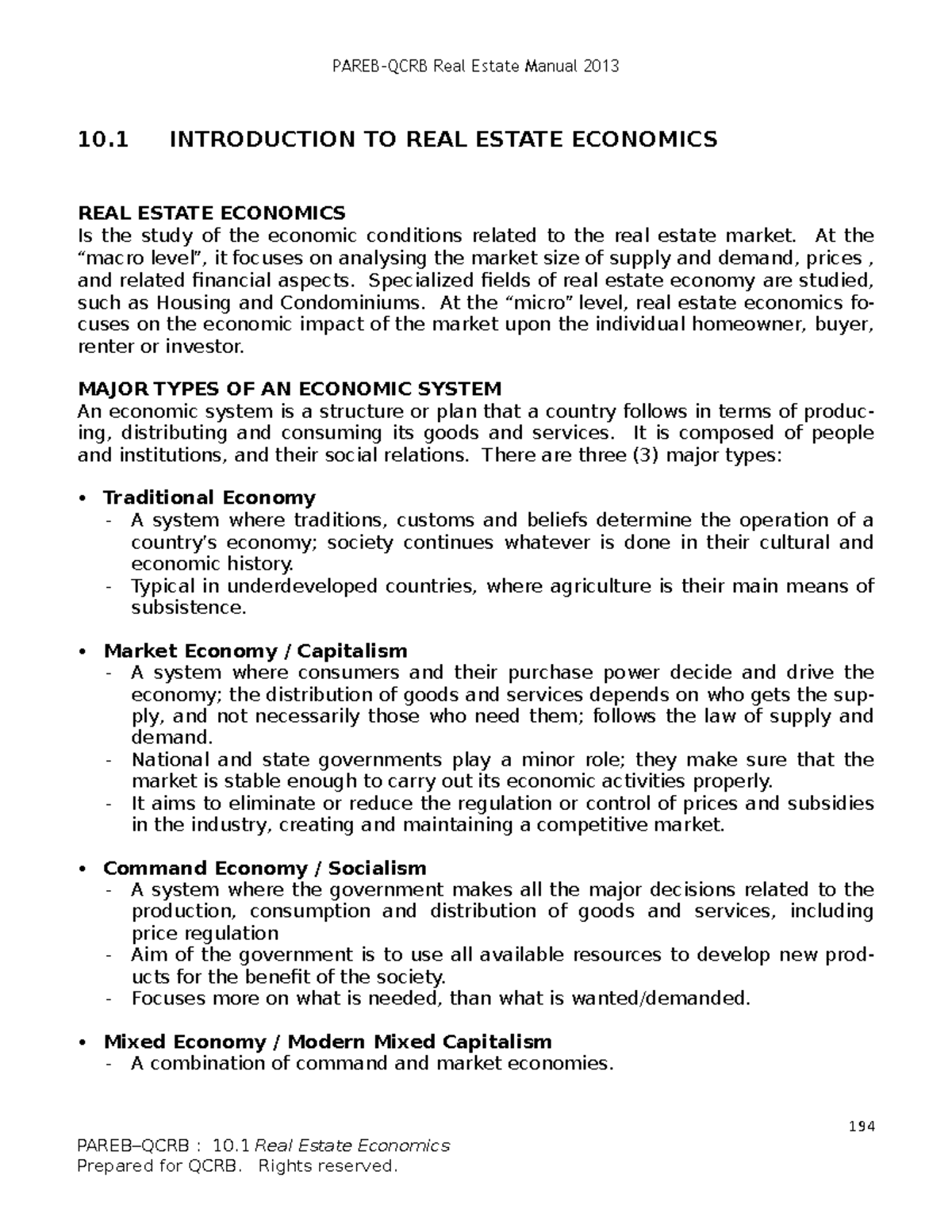 Cres Subj 10.1 REAL Estate Economics pg194-202 2 - 10 INTRODUCTION TO ...