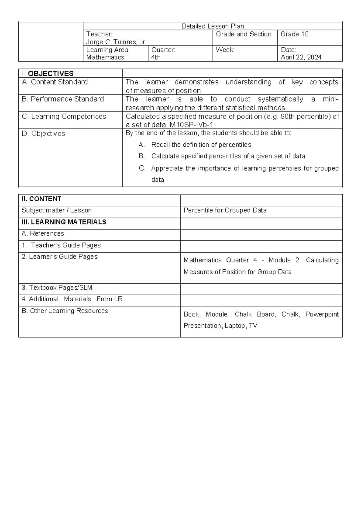 DLP Percentiles for Grouped Data - Detailed Lesson Plan Teacher: Jorge ...