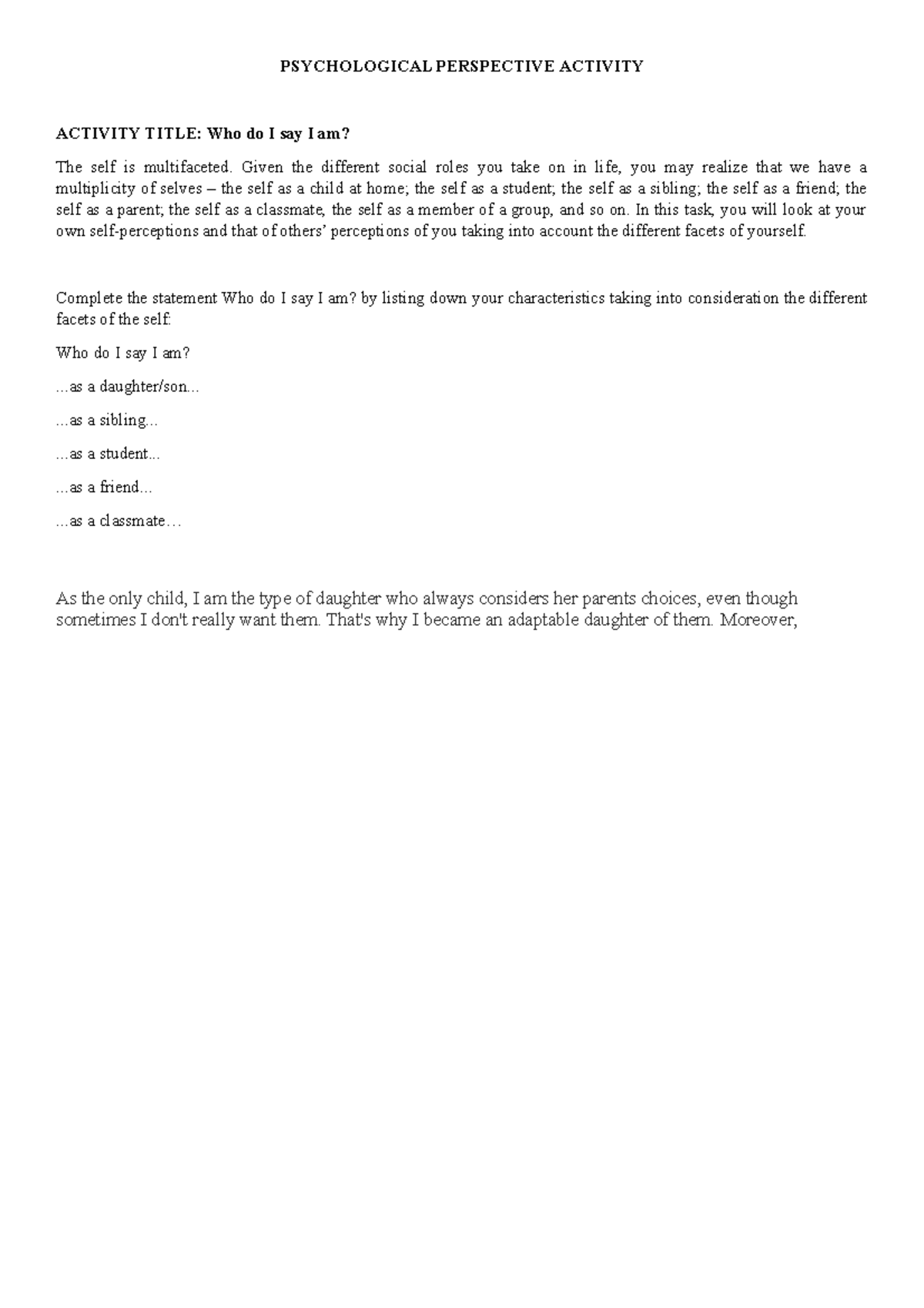 Psychological- Perspective- Activity - PSYCHOLOGICAL PERSPECTIVE ...