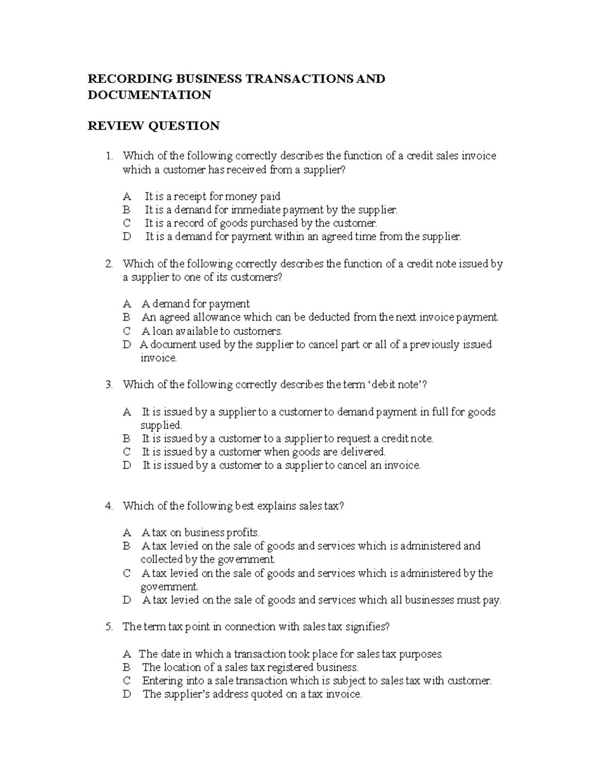 Chapter 1 Review question - RECORDING BUSINESS TRANSACTIONS AND ...