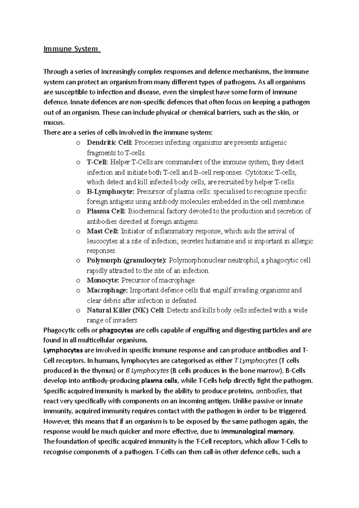 Human Biology 2 - Summary Notes for Immune System unit - Chromosomes ...