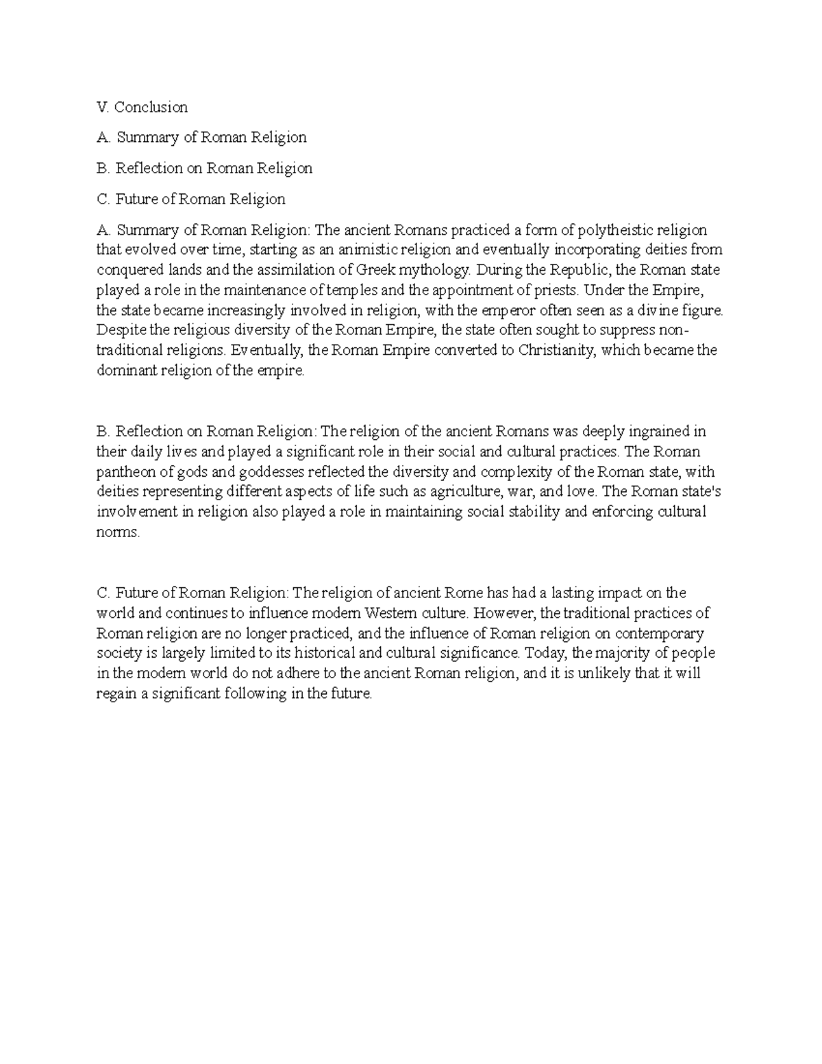 Roman Religion 5 - V. Conclusion A. Summary of Roman Religion B ...