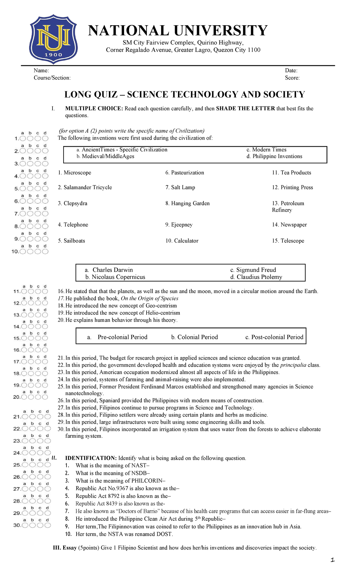 STS-LONG-QUIZ - None - NATIONAL UNIVERSITY SM City Fairview Complex ...