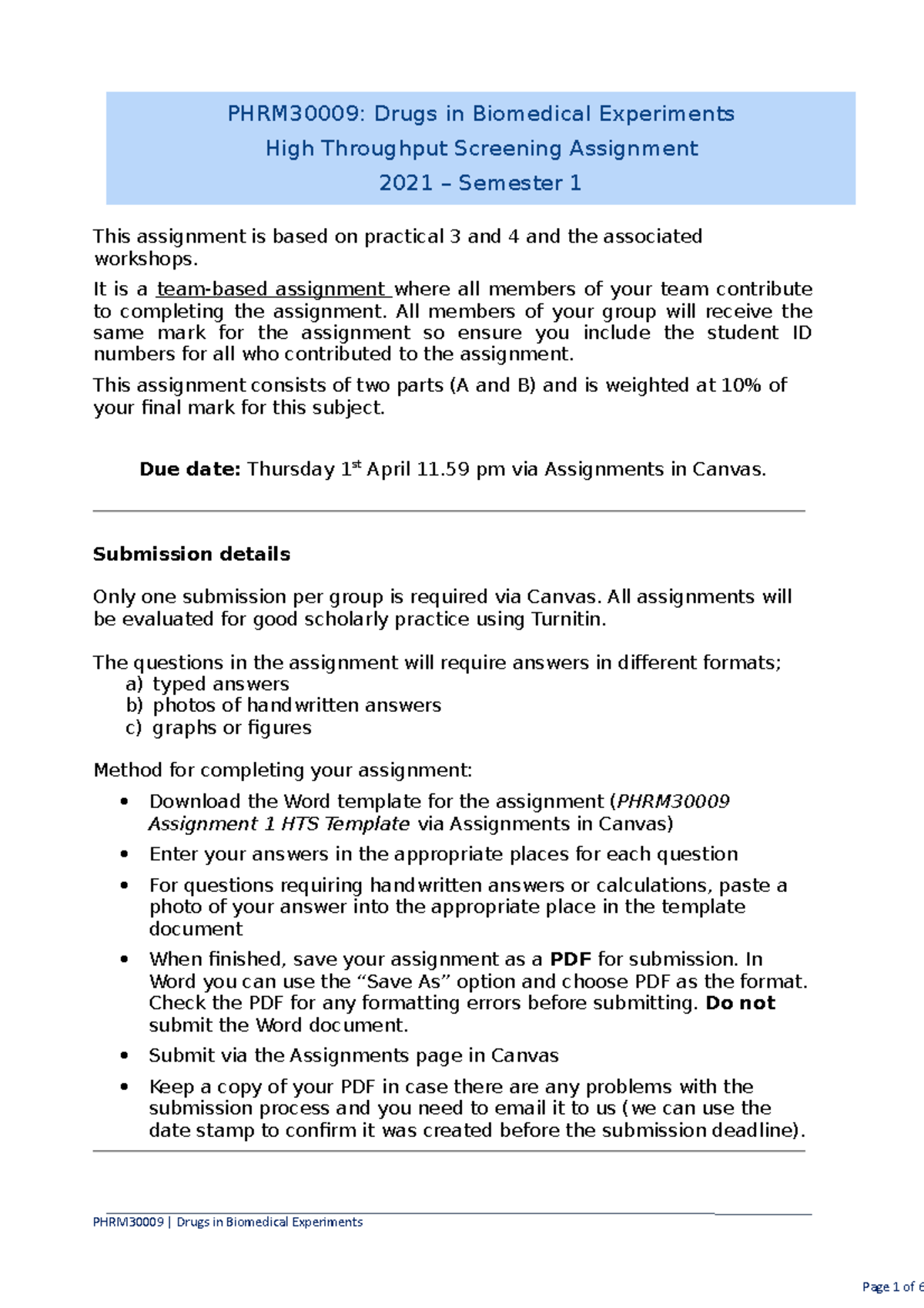 Assignment 1 High Throughput Screening Template - This assignment is ...