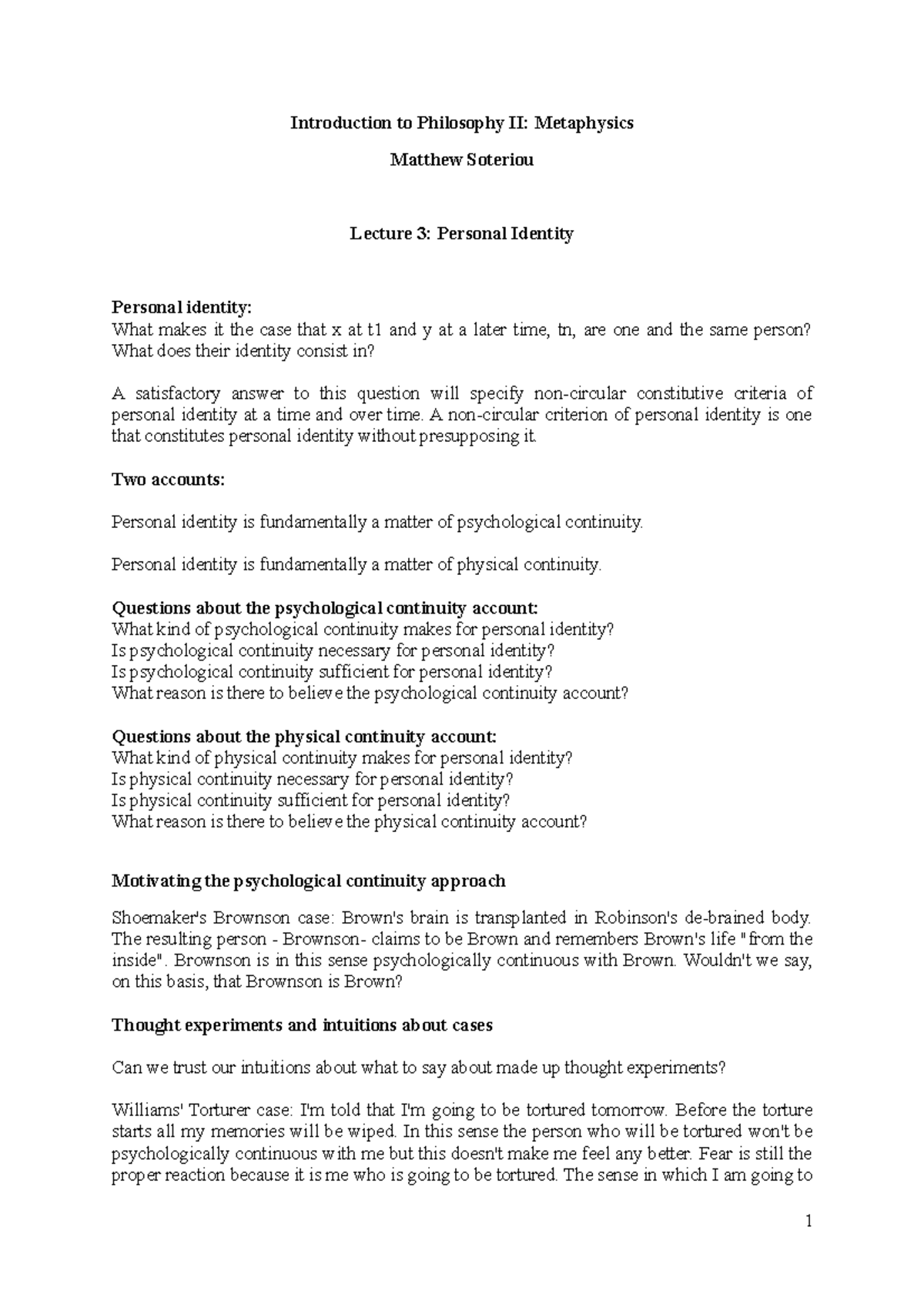 Intro to phil II Lecture 3 - Introduction to Philosophy II: Metaphysics Matthew Soteriou Lecture ...