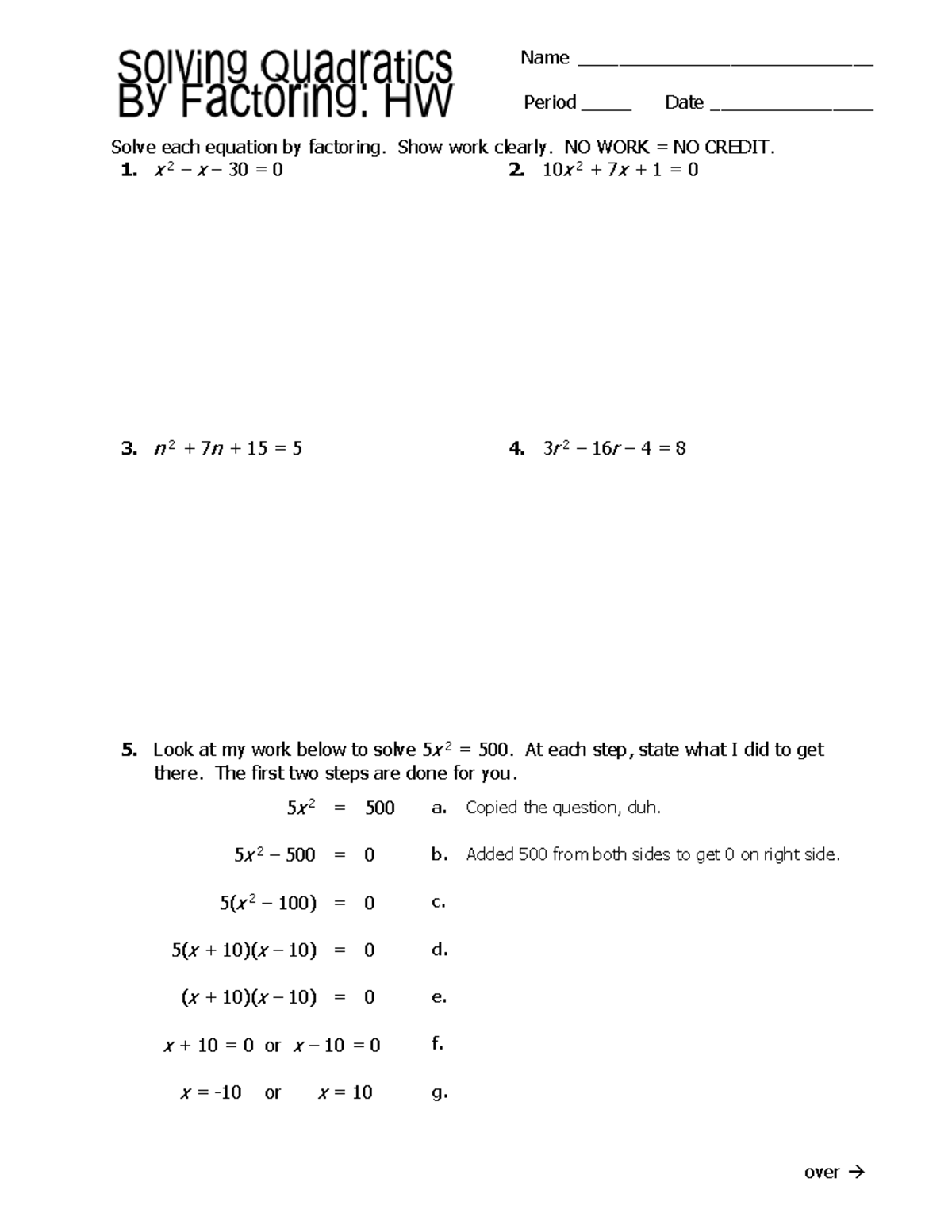 Day 03 - 02 - solve by factoring hw - Name ...