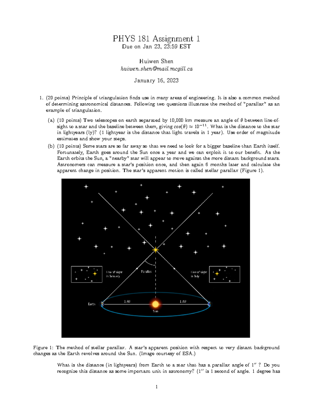 A1 - First assignment - PHYS 181 Assignment 1 Due on Jan 23, 23:59 EST ...