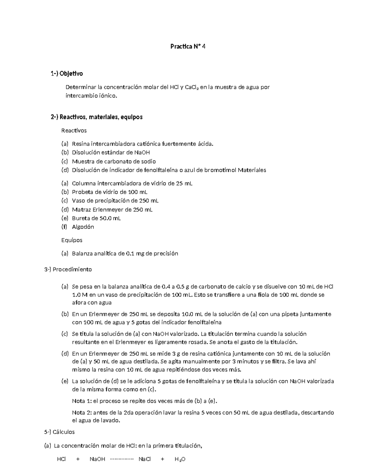Practica Nº 4 - a doc - Practica Nº 4 1-) Objetivo Determinar la concentración molar del HCl y ...