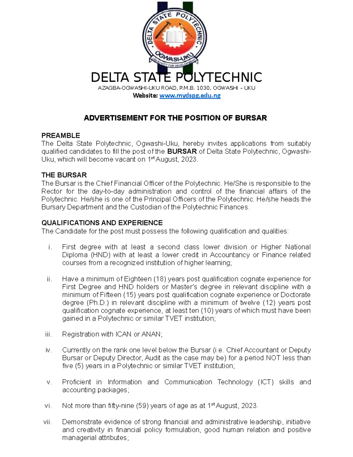 Advert FOR THE Position OF Bursar - DELTA STATE POLYTECHNIC AZAGBA ...