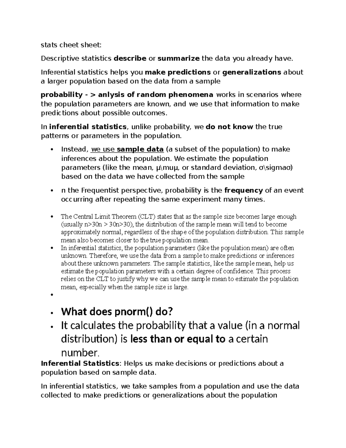 Stats cheet sheet - refgaerg - stats cheet sheet: Descriptive statistics describe or summarize ...