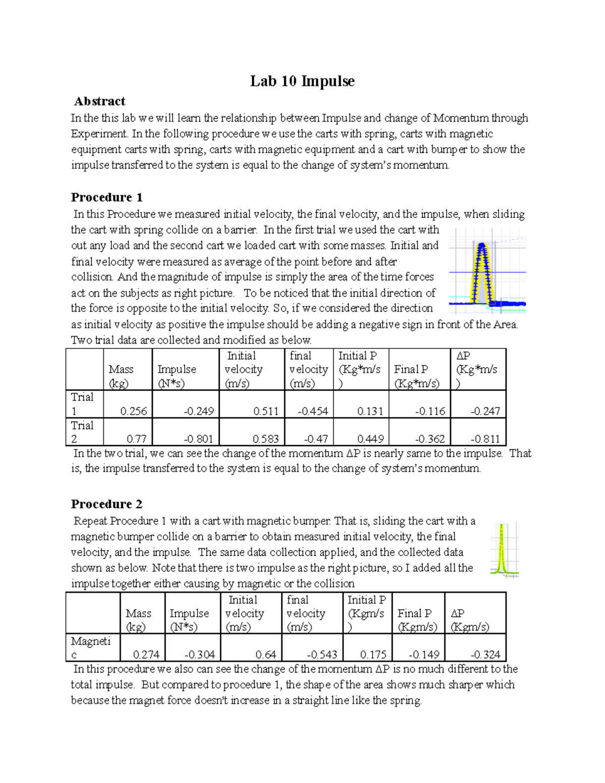 Lab 10 - physic lab - Lab 10 Impulse Abstract In the this lab we will ...