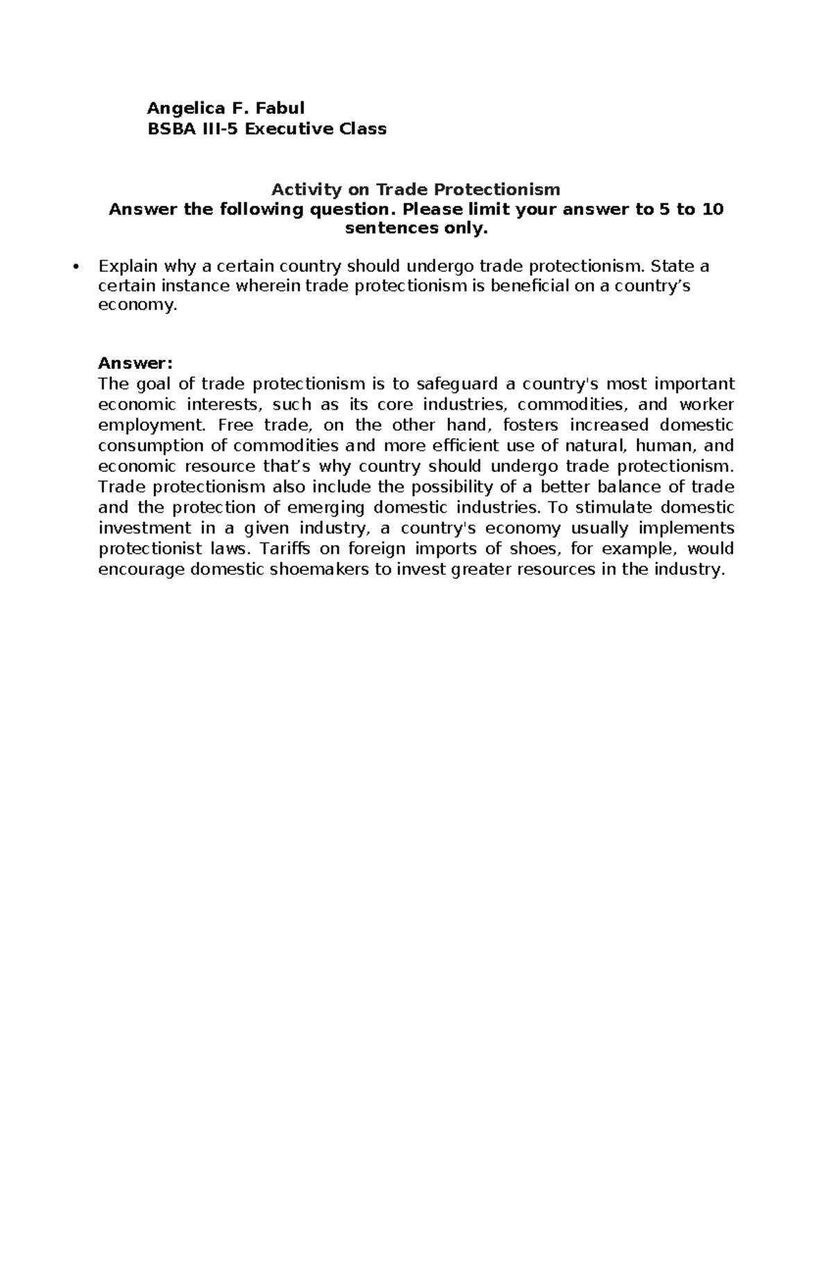 Angelica Fabul Activity - Trade Protectionism - Angelica F. Fabul BSBA ...