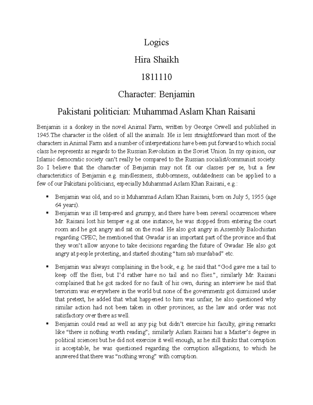 Benjamin - animal farm - Logics Hira Shaikh 1811110 Character: Benjamin ...