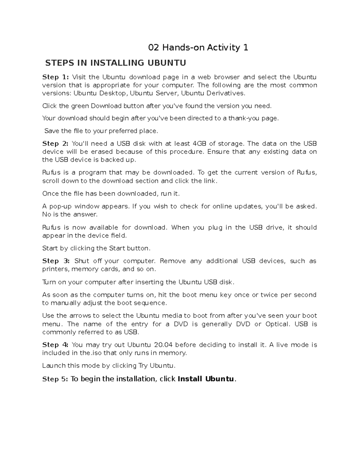 02 Hands-on Activity 1 - QADAD1QA - 02 Hands-on Activity 1 STEPS IN INSTALLING UBUNTU Step 1 ...
