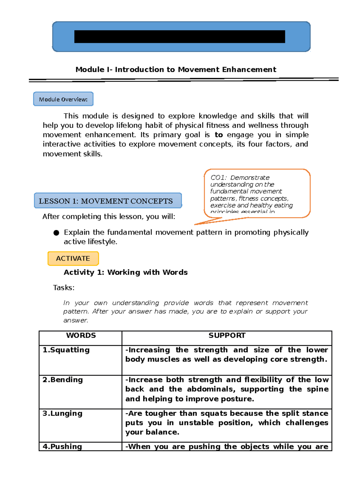 PE-1-finals - LECTURES - Module I- Introduction to Movement Enhancement : This module is ...