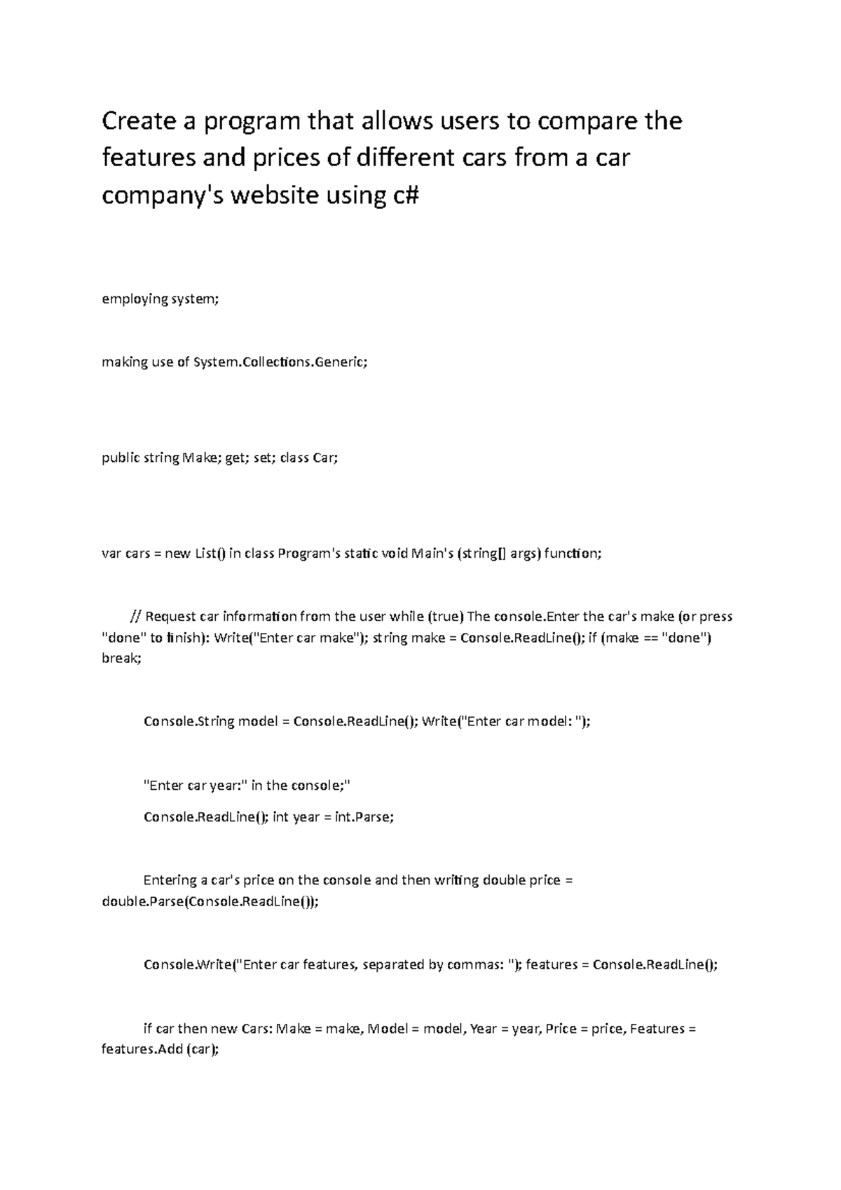 Comp6076-compare 14-c# - Create a program that allows users to compare the features and prices ...
