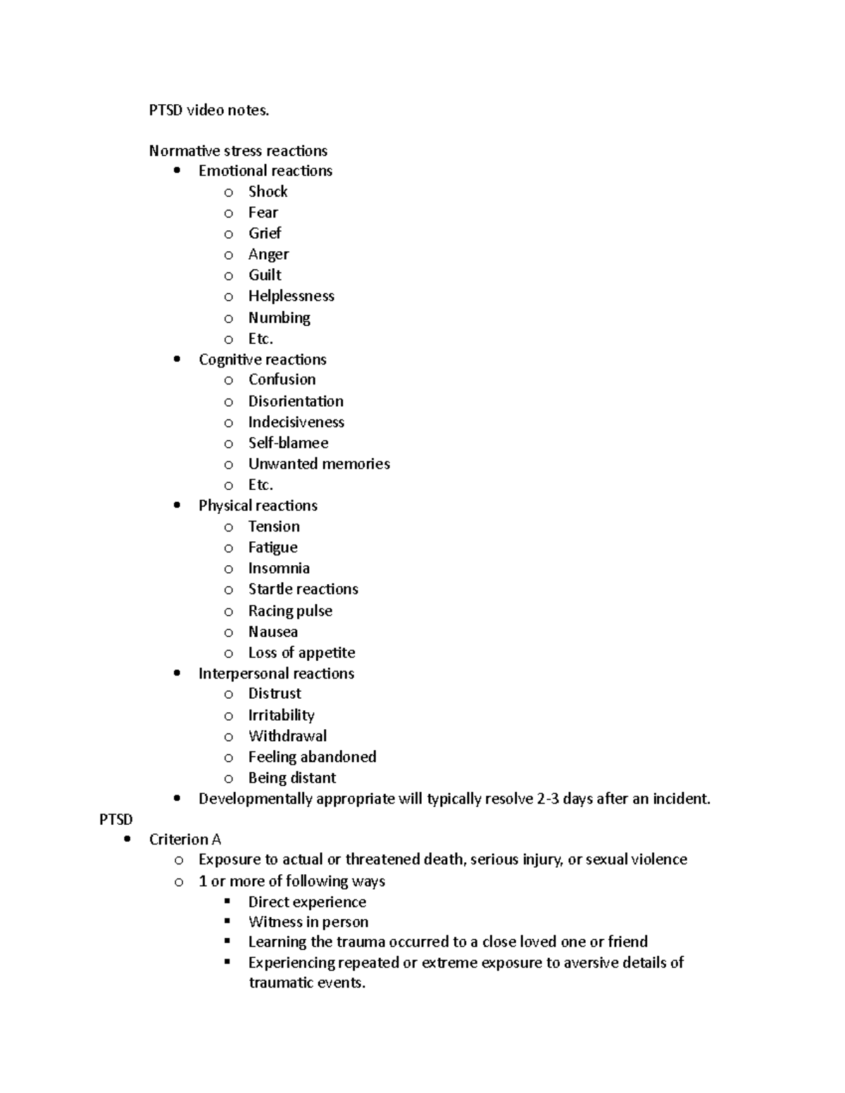 PTSD video notes - Dr. Knapp - PTSD video notes. Normative stress ...