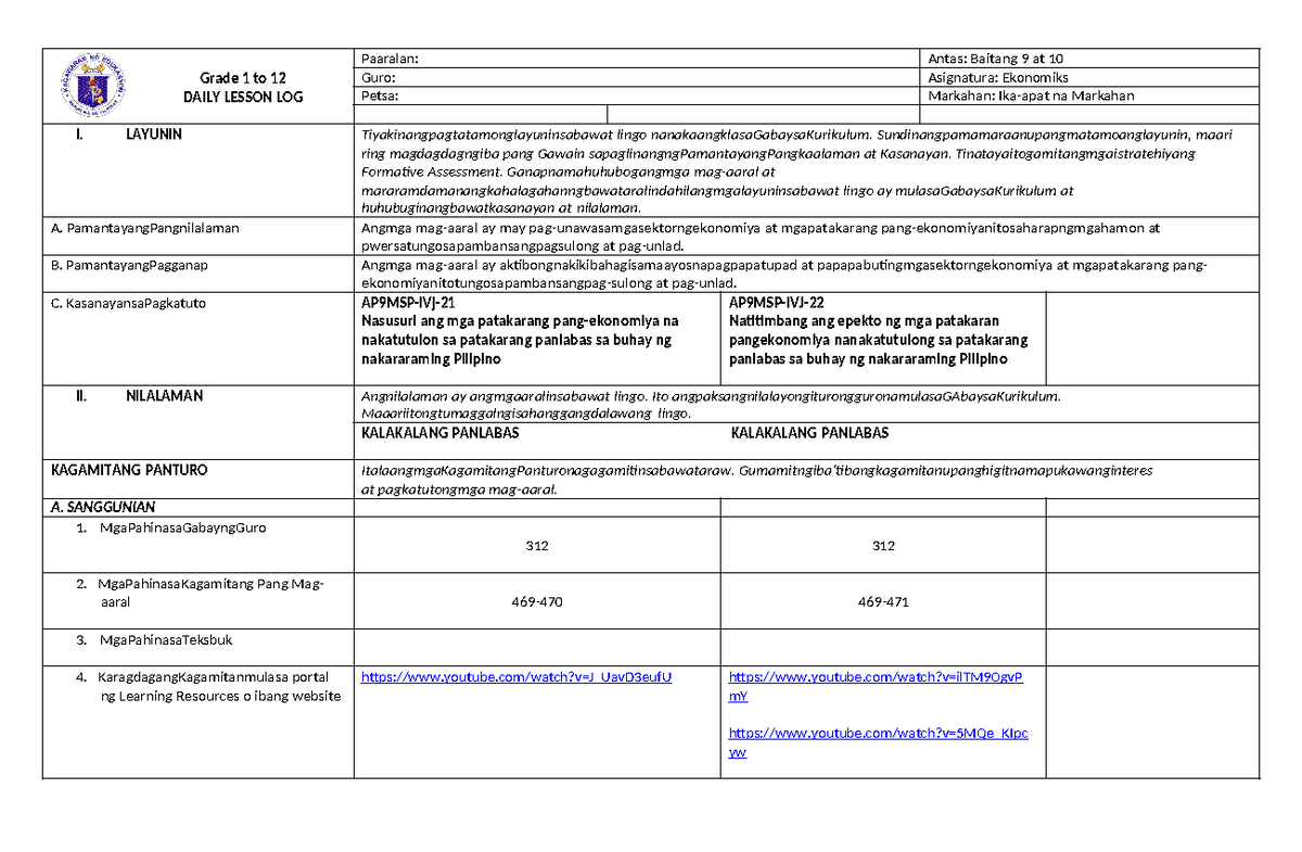 DLL 09 - DLL - Grade 1 to 12 DAILY LESSON LOG Paaralan: Antas: Baitang ...
