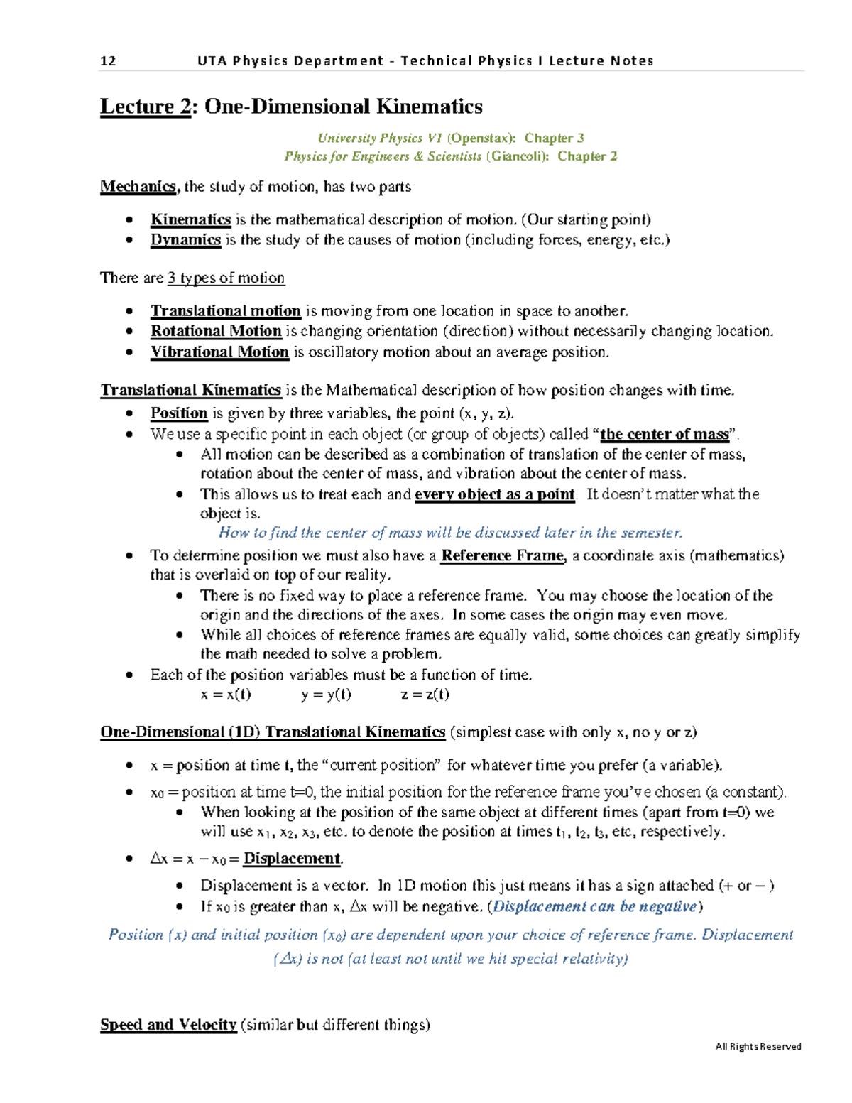 1443 notes Lecture2 - Lecture 2: One-Dimensional Kinematics University ...