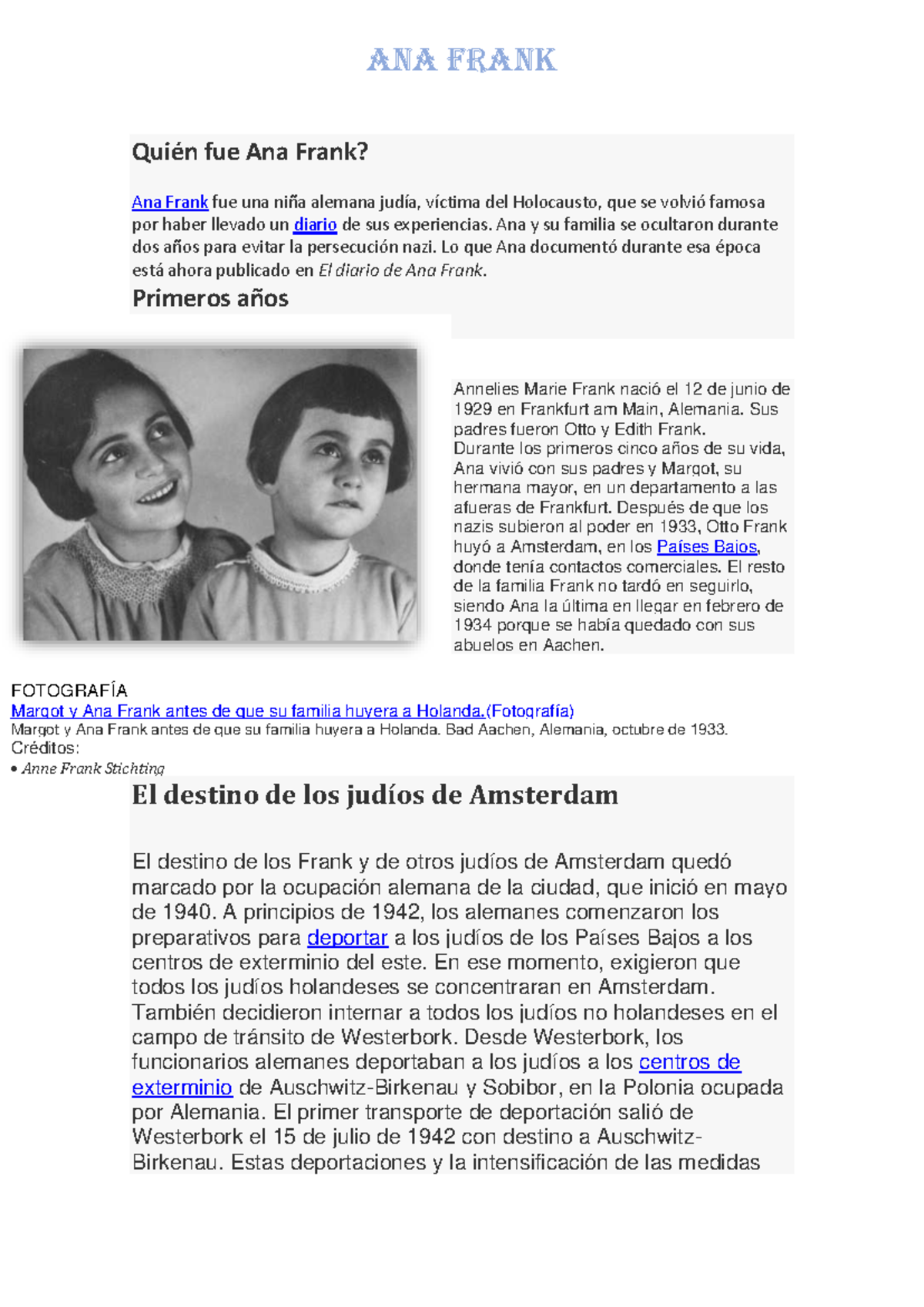 ANA Frank - ANA FRANK Quién fue Ana Frank? Ana Frank fue una niña ...