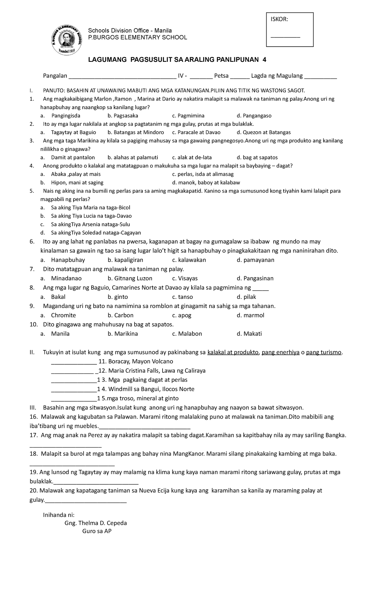 AP4 Q2 Lagumang Pagsusulit 1 - Schools Division Office - Manila P ELEMENTARY SCHOOL LAGUMANG ...