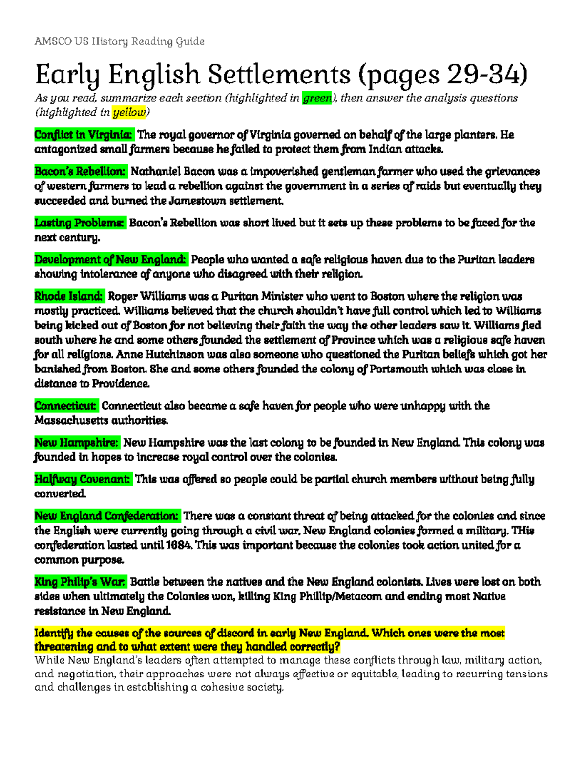 Early English Settlements Reading Guide - AMSCO US History Reading ...