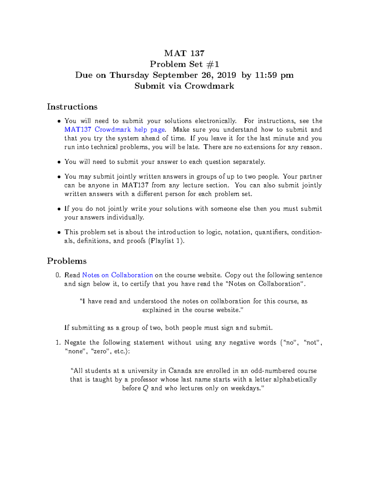 137 1920 PS1 - assi - MAT 137 Problem Set Due on Thursday September 26 ...